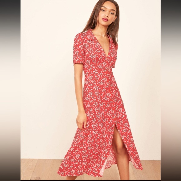 Reformation | Dresses | Reformation Red Floral Midi Dress | Poshmark